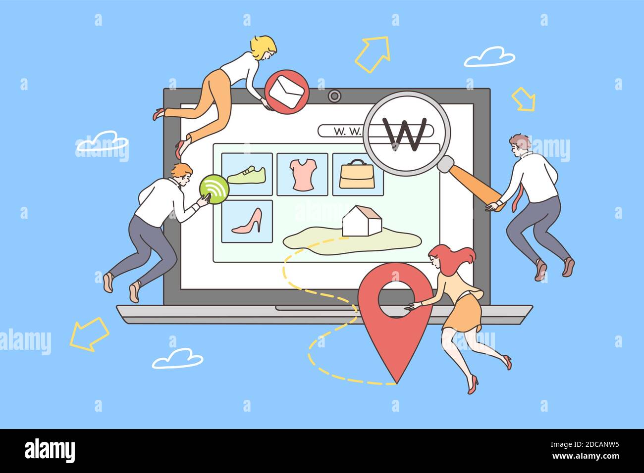 Teamwork, web development concept. Team of young men women programmers cartoon characters coding ...