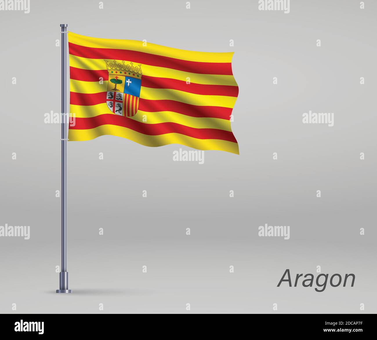 Waving flag of Aragon - region of Spain on flagpole. Template for ...