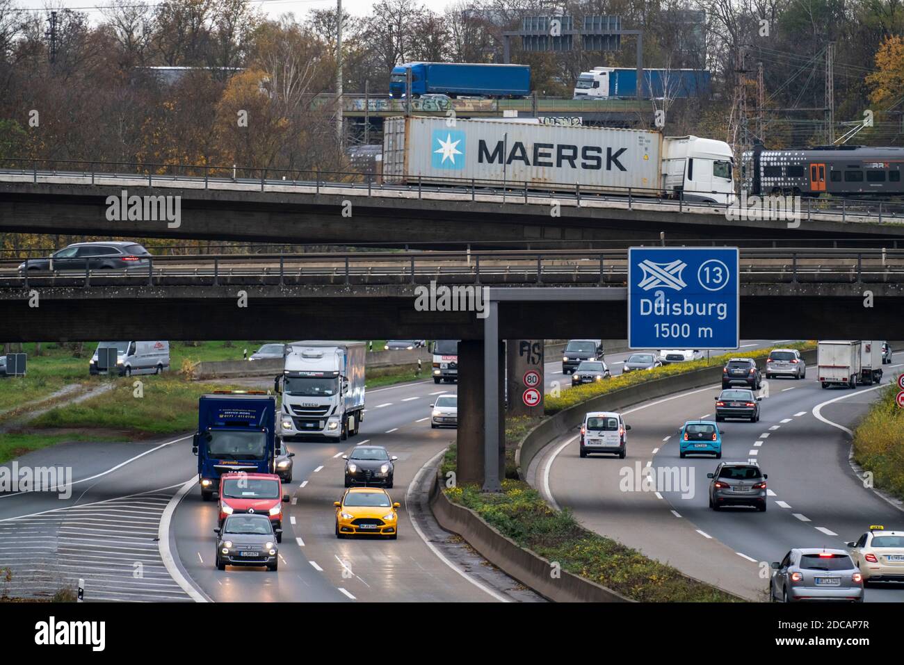 Heavy traffic at the motorway junction Kaiserberg, motorway A40 ...