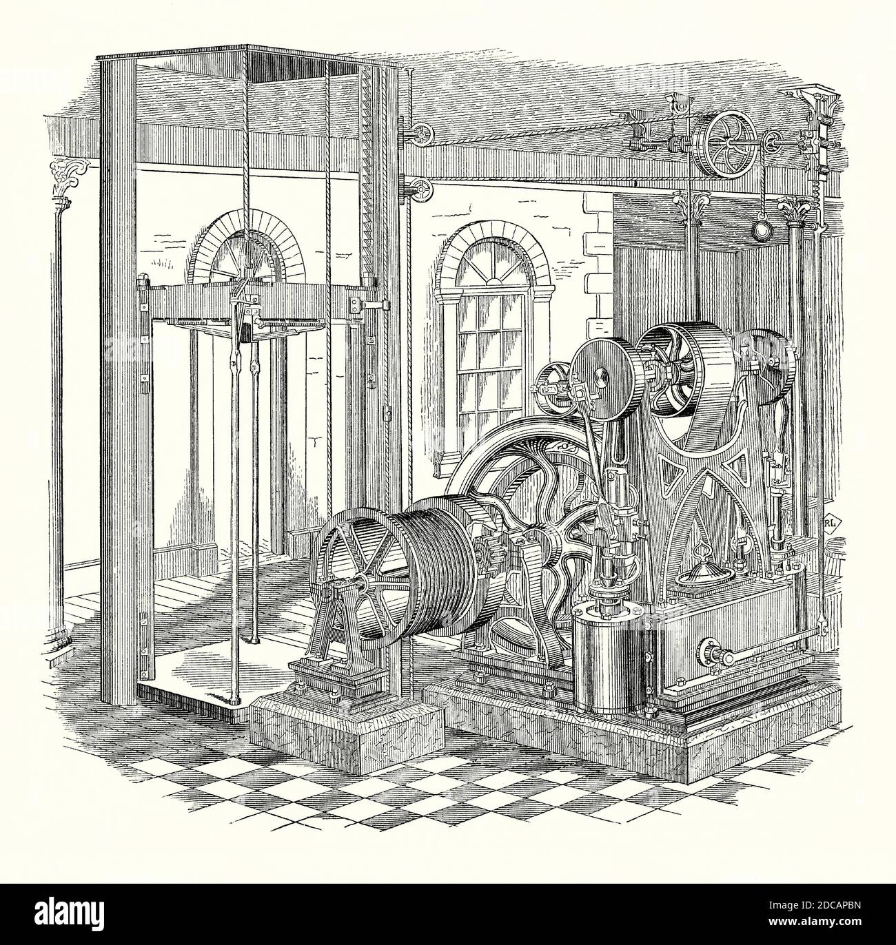 An old engraving of a steam-driven hoisting machine used in a factory ...
