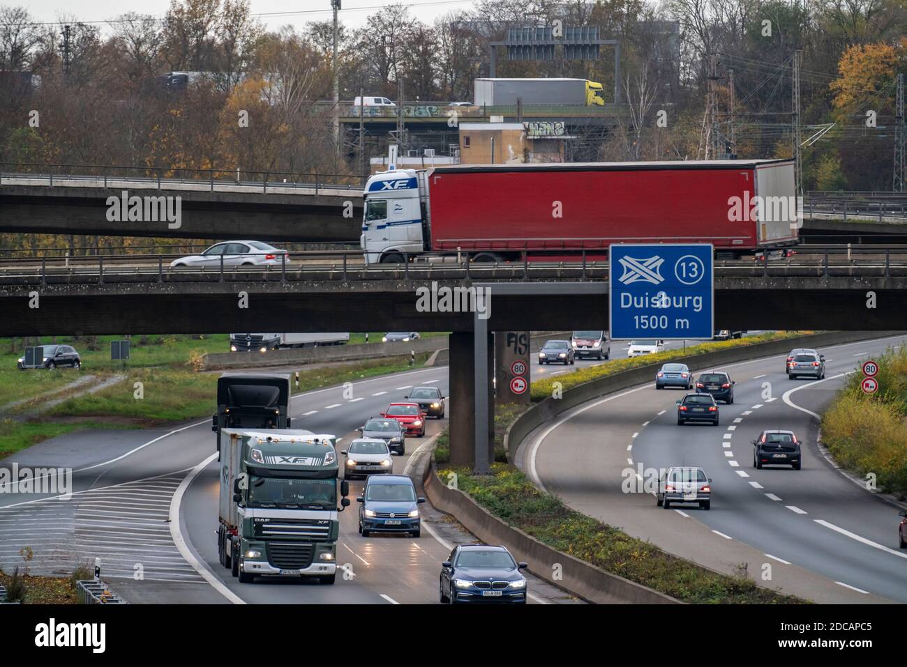 Heavy traffic at the motorway junction Kaiserberg, motorway A40 ...