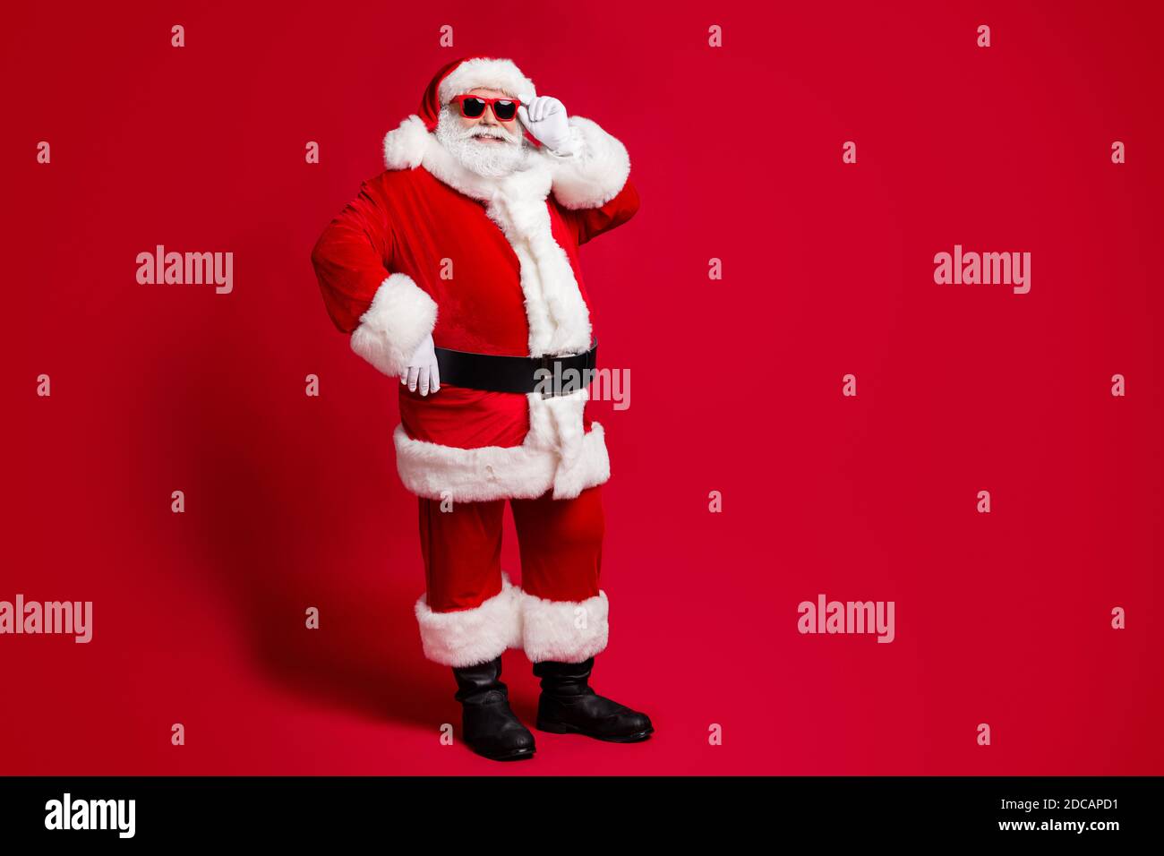 Full length body size view of nice handsome cheerful bearded Santa ...