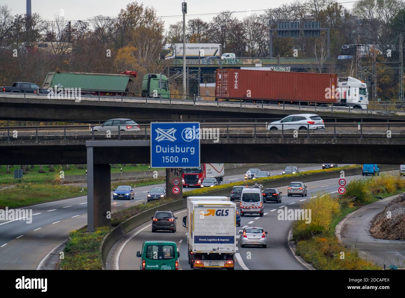 Heavy traffic at the motorway junction Kaiserberg, motorway A40 ...
