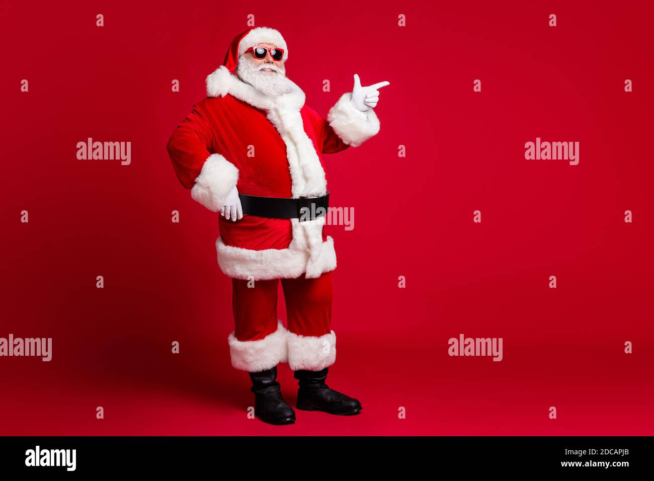 Full length body size view of nice handsome cheerful bearded Santa ...