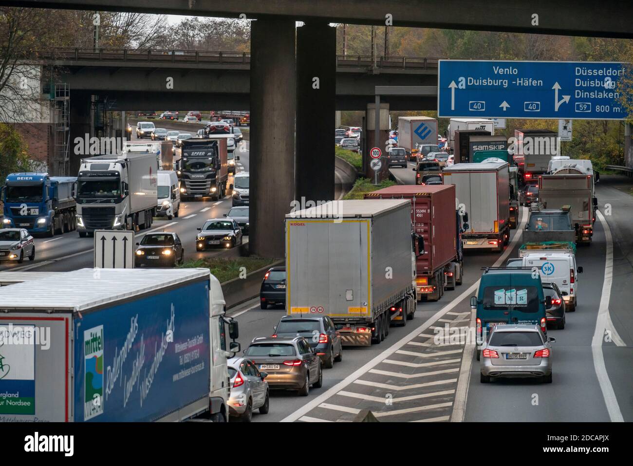 Heavy traffic at the motorway junction Kaiserberg, motorway A40 ...