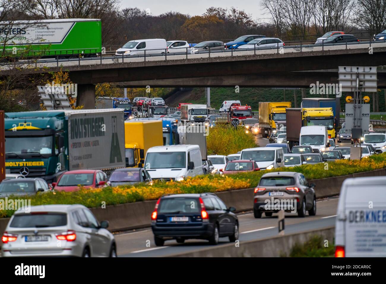 Heavy traffic at the motorway junction Kaiserberg, motorway A40 ...
