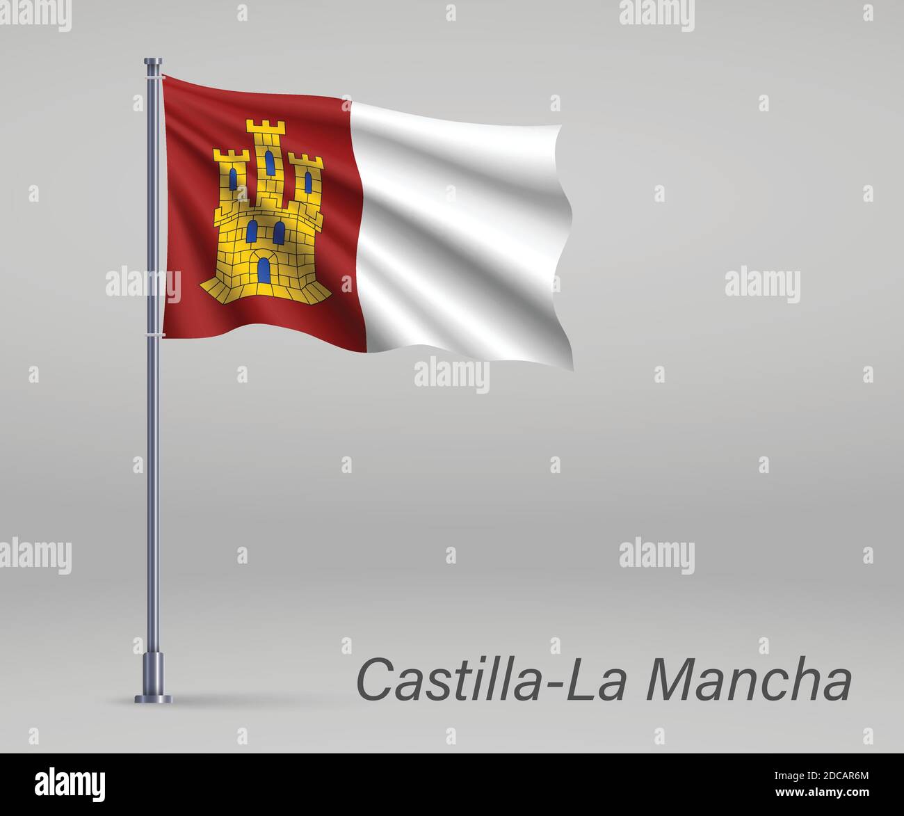 Waving flag of Castilla-La Mancha - region of Spain on flagpole ...