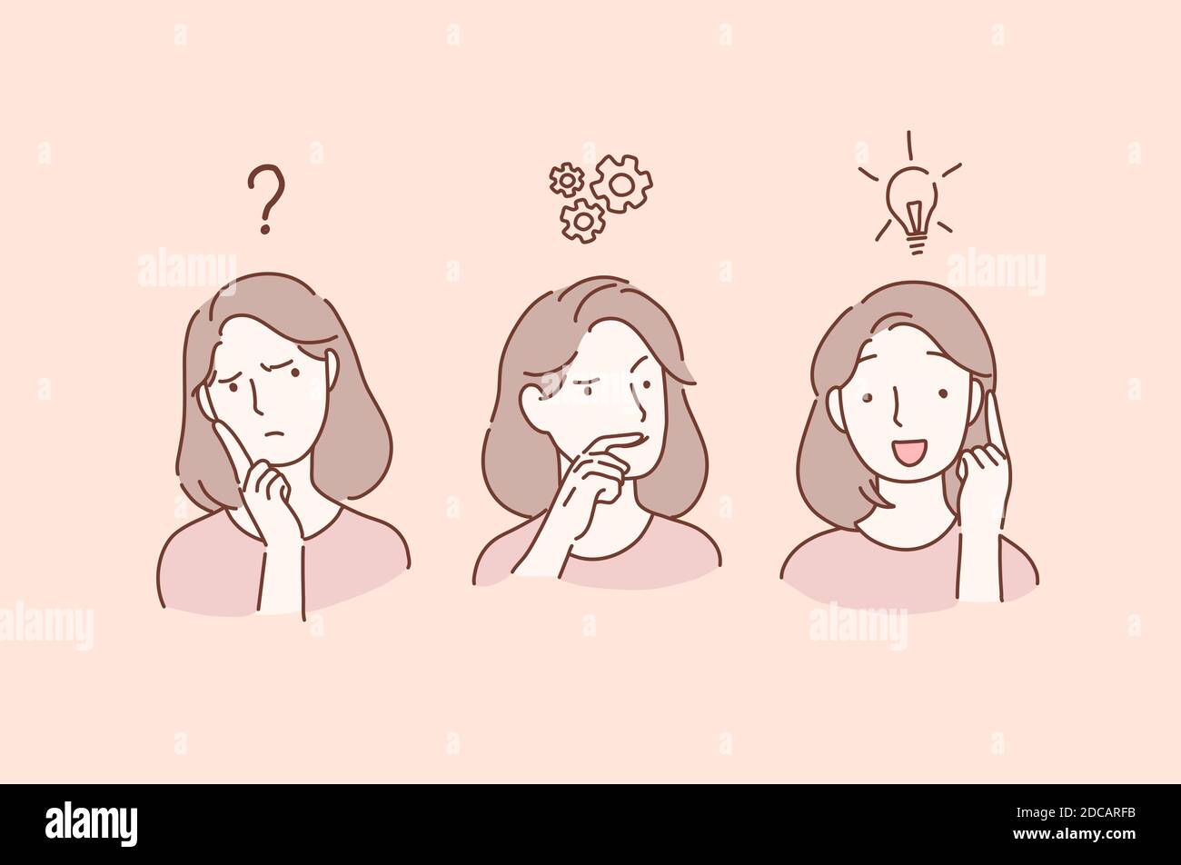 Thoughtful serious young women with hand on him feeling doubt thinks ...