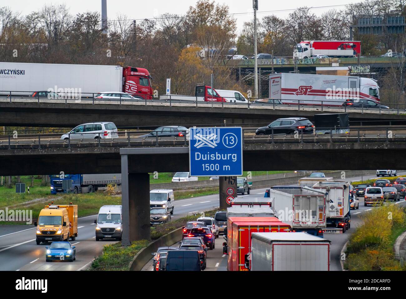 Heavy traffic at the motorway junction Kaiserberg, motorway A40 ...