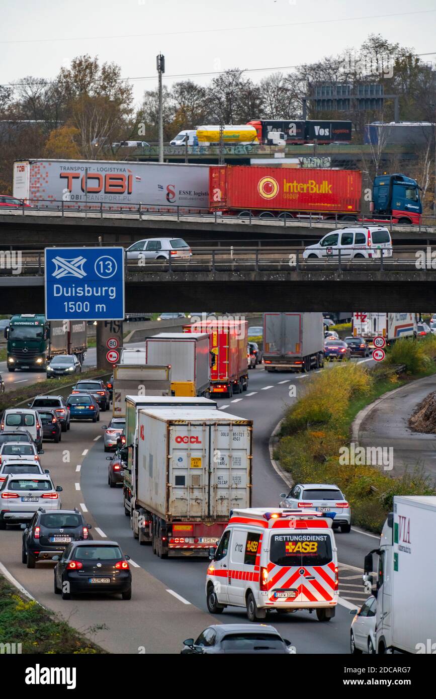 Heavy traffic at the motorway junction Kaiserberg, motorway A40 ...
