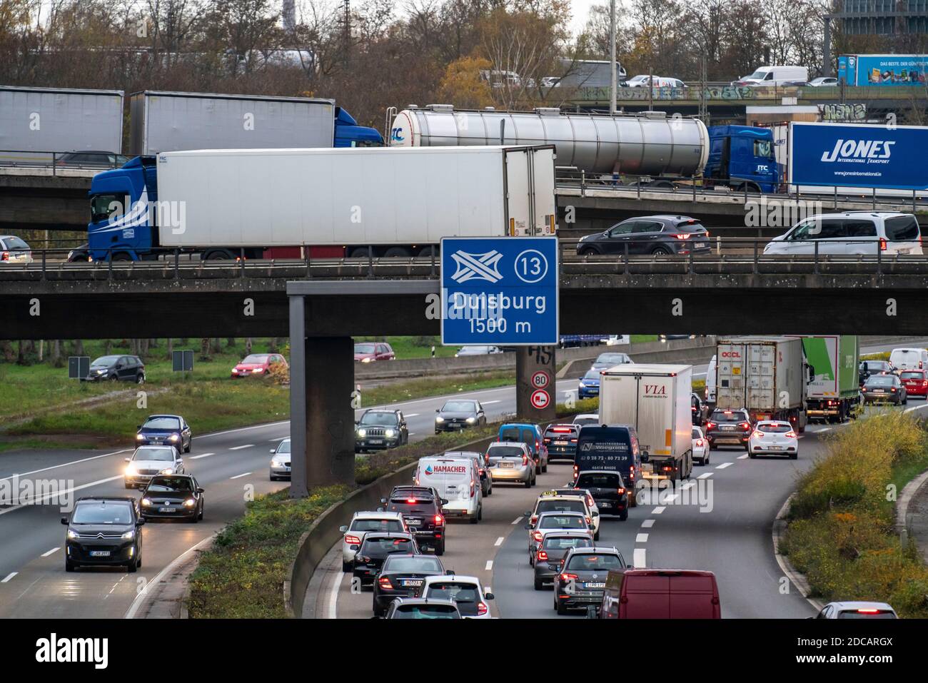 Heavy traffic at the motorway junction Kaiserberg, motorway A40 ...