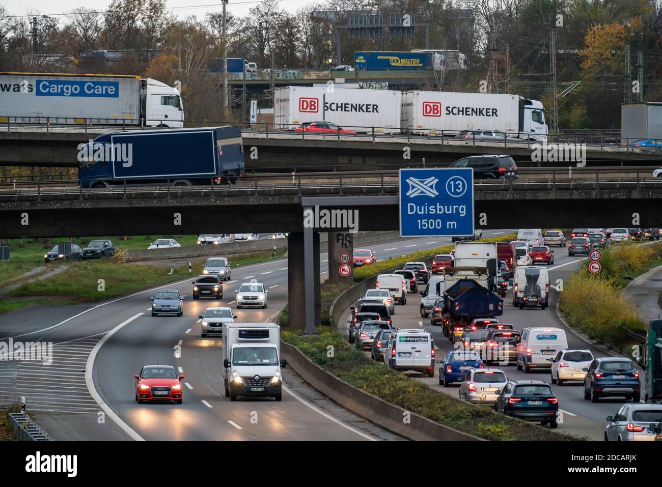 Heavy traffic at the motorway junction Kaiserberg, motorway A40 ...