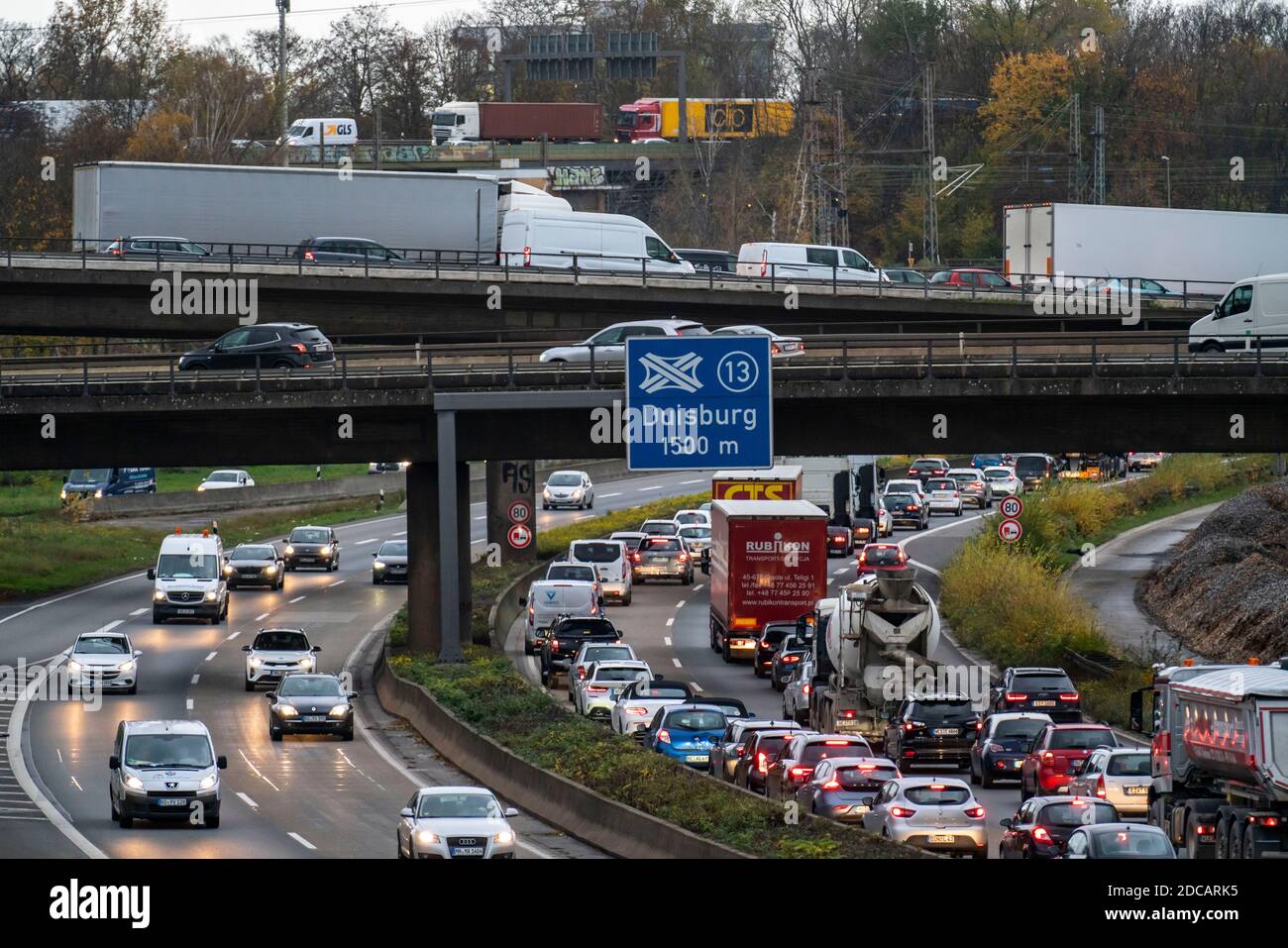 Heavy traffic at the motorway junction Kaiserberg, motorway A40 ...