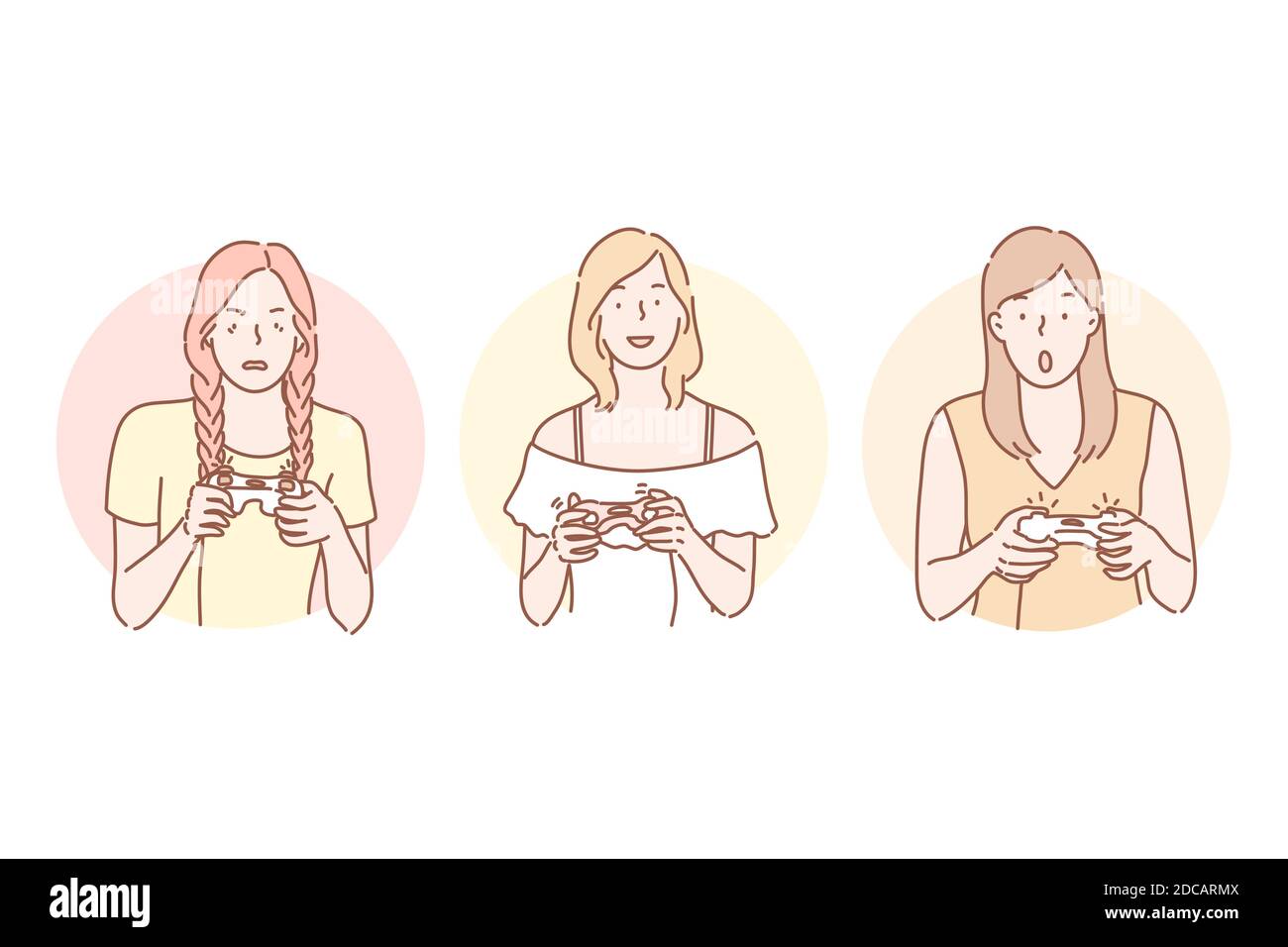 Gamer, playing, addiction set concept. Happy cheerful woman plays video ...