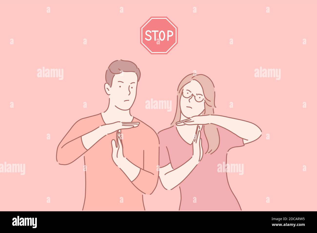 Stop working, time break gesture, timeout signal concept. Man and woman ...