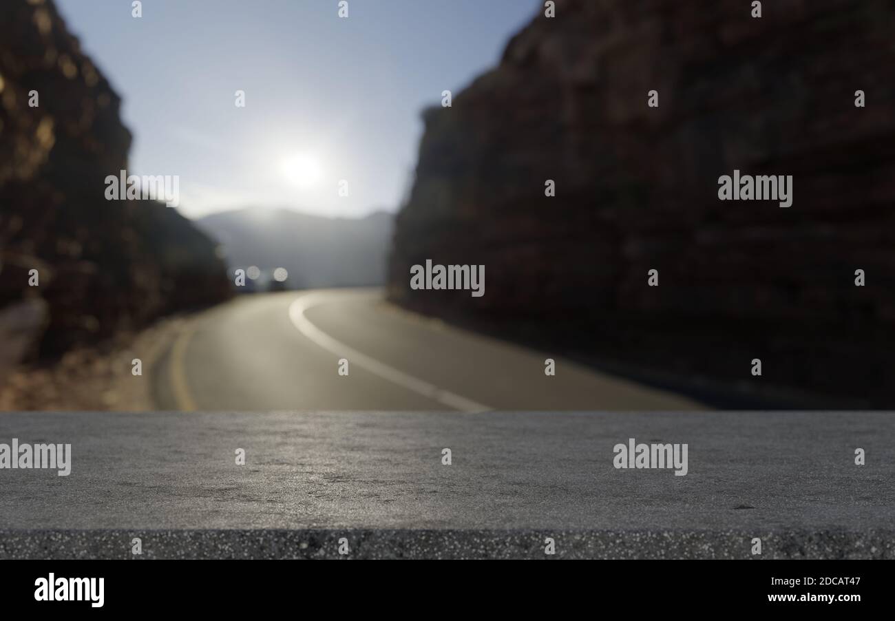Table Top with mountain road background. Sunny road trip theme mockup ...