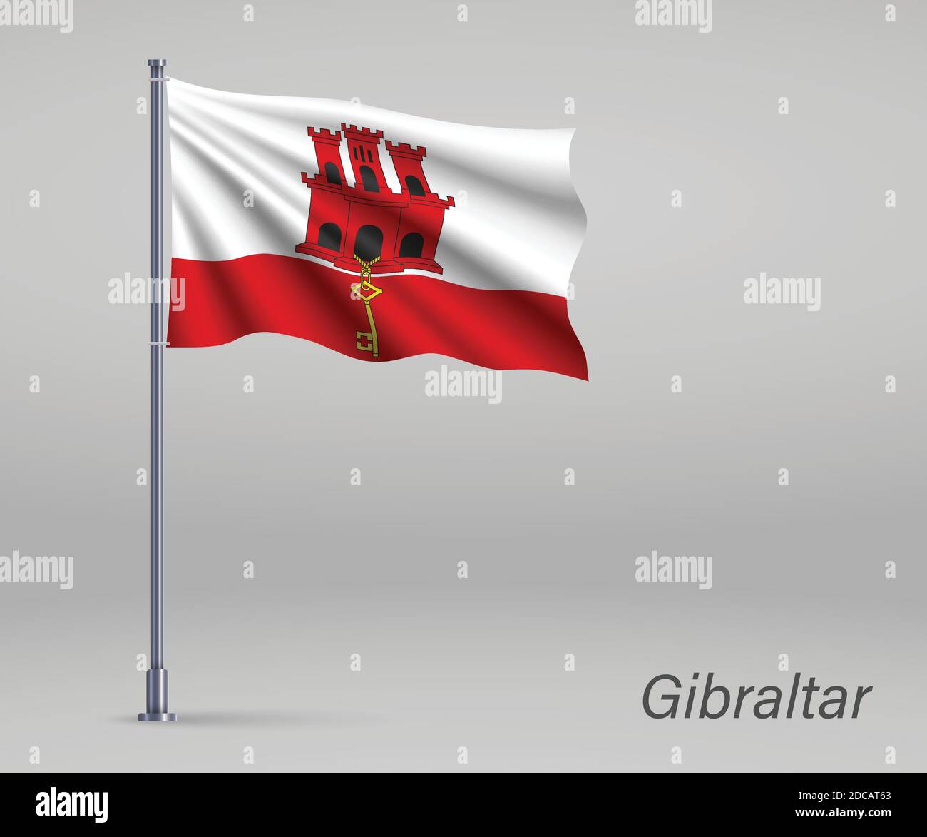 Waving flag of Gibraltar - territory of United Kingdom on flagpole ...