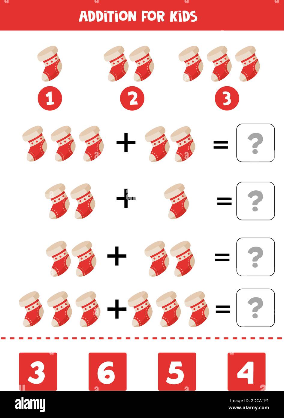 Addition of cartoon Christmas sock. Educational math game for kids ...