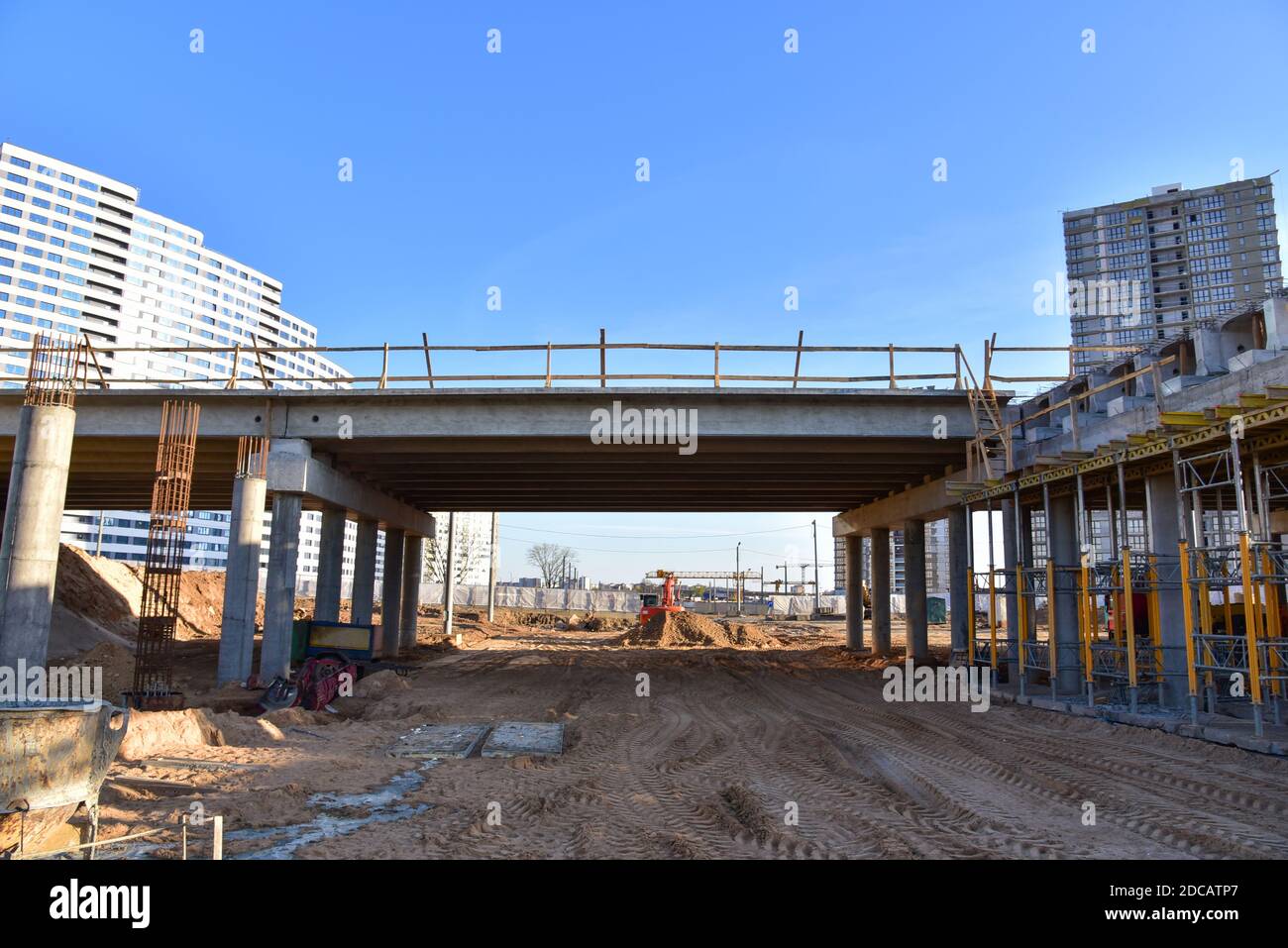 Roundabout and traffic bridge construction. Construction highway ramps ...