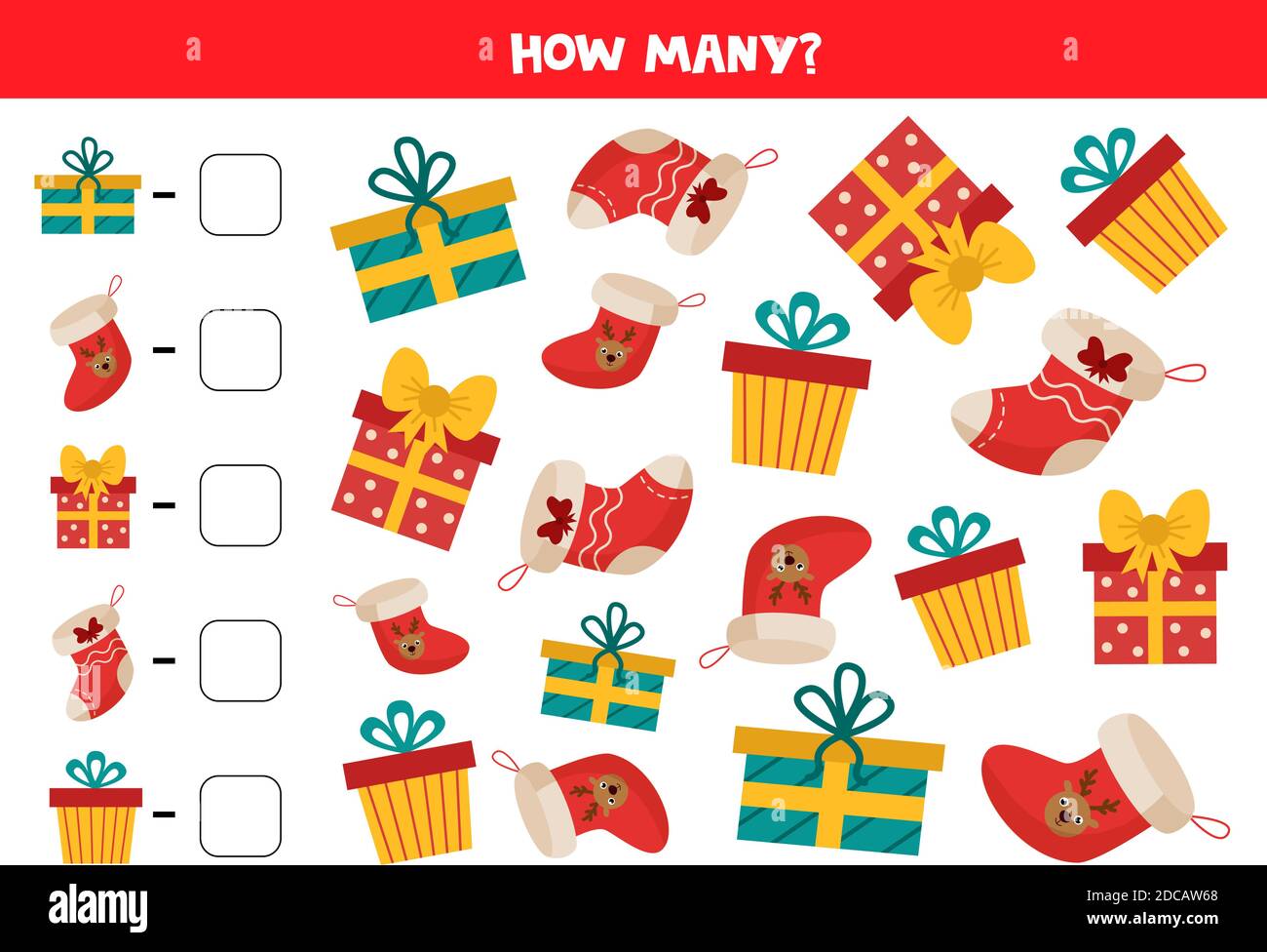 Count all Christmas presents and socks. Write down the right answer ...