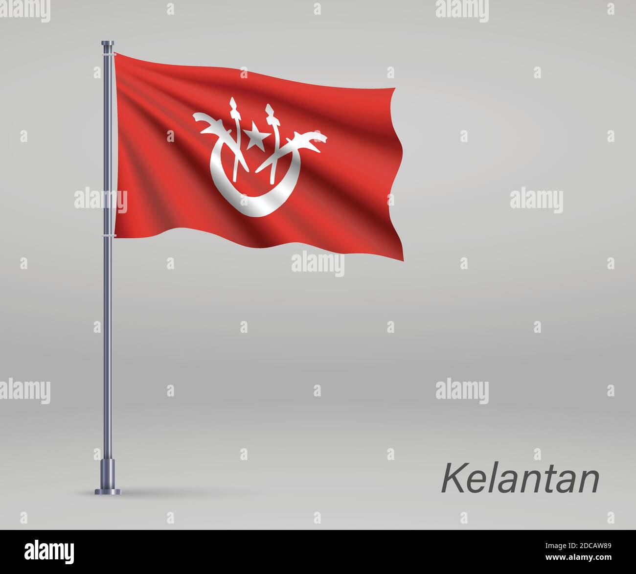 Waving flag of Kelantan - state of Malaysia on flagpole. Template for ...