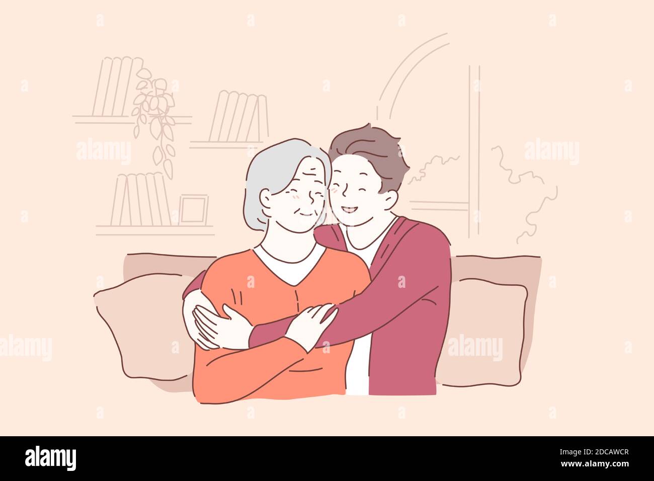 Respect for elderly people, senile persons concept. Son hugging grey ...