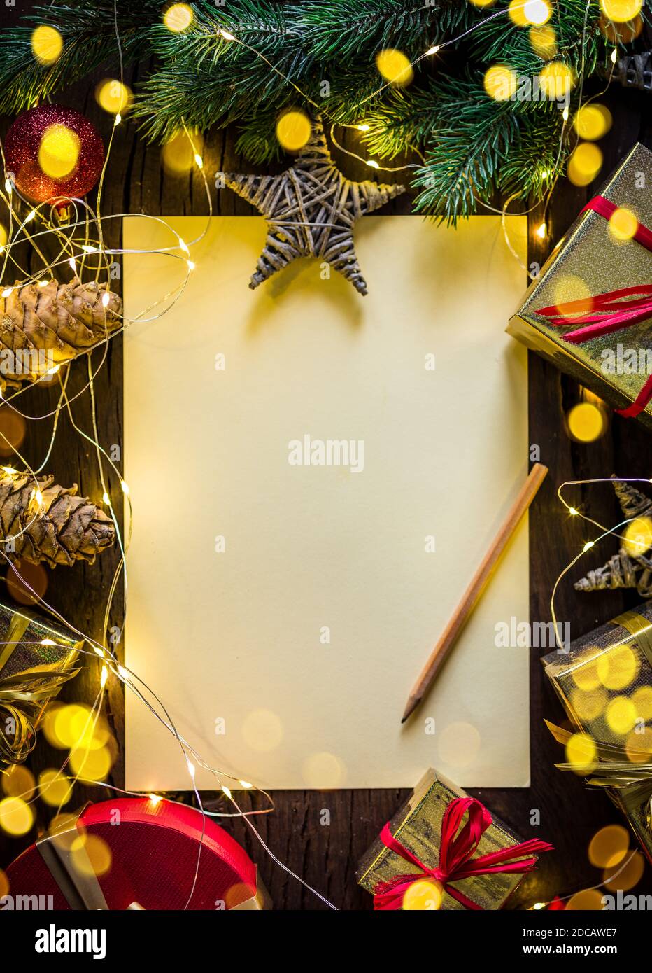 Empty Santa paper letter and christmas decoration around it. Christmas ...