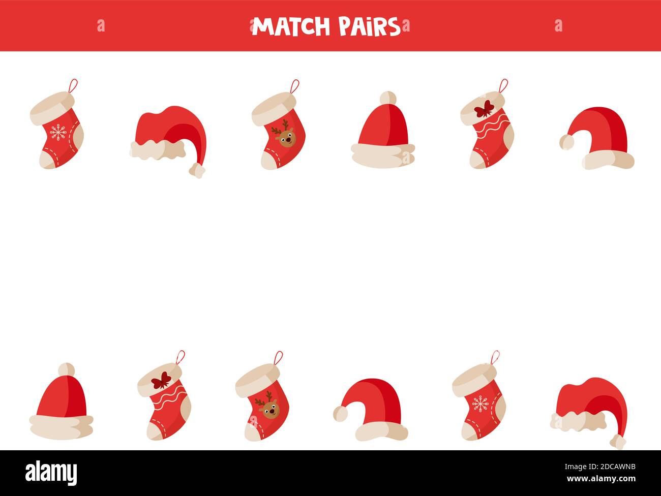 Match pairs of Christmas socks and Santa caps. Educational logical game ...