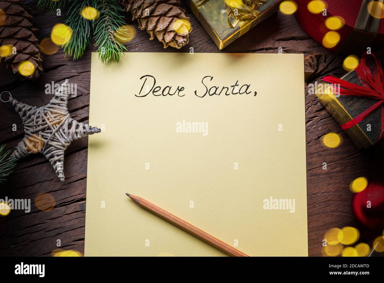 Empty Santa paper letter and Christmas decoration around it. Christmas ...