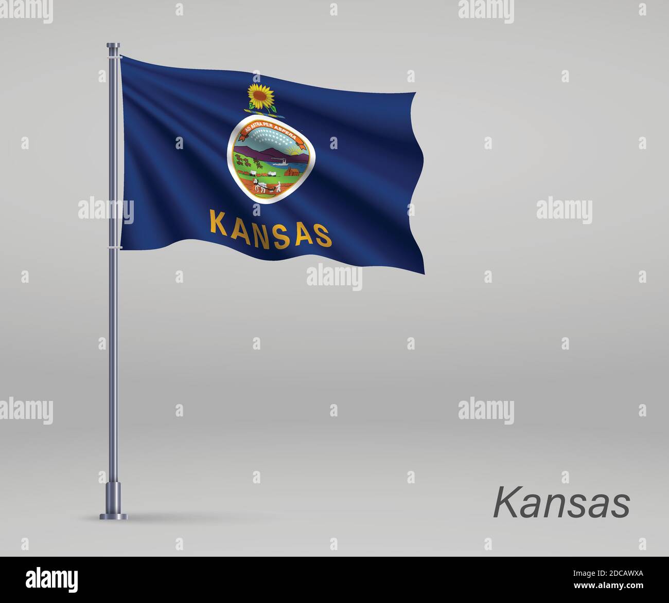 Waving flag of Kansas - state of United States on flagpole. Template ...