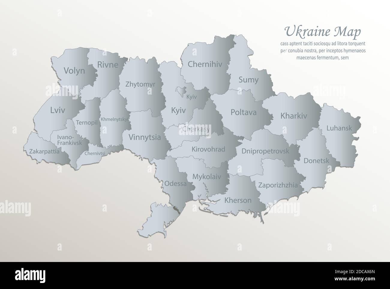Ukraine map, administrative division with names, white blue card paper ...