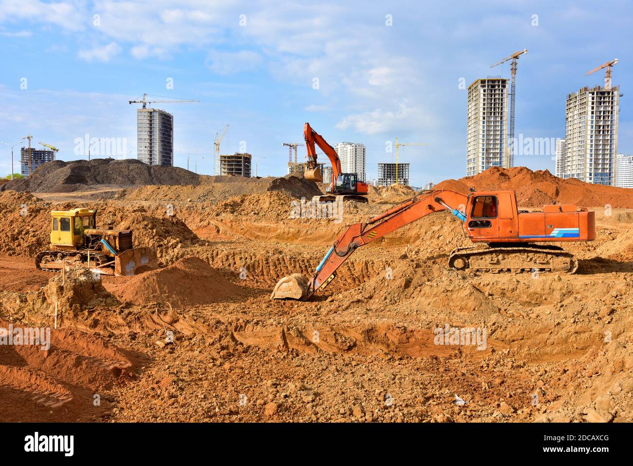 Bulldozer and excavator for earthworks at construction site. Earth ...