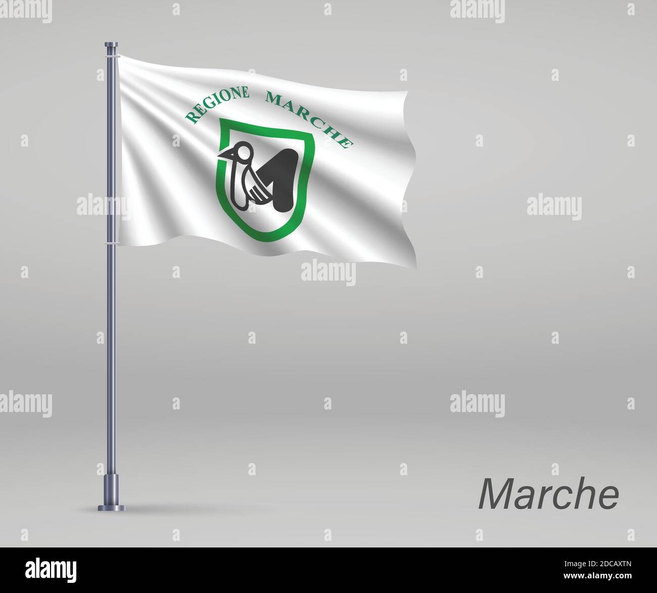 Waving flag of Marche - region of Italy on flagpole. Template for ...
