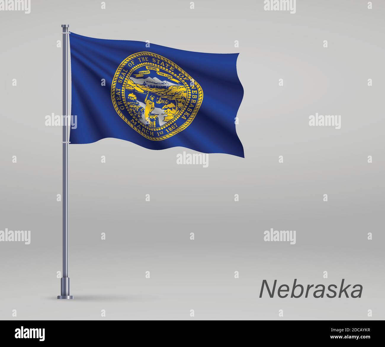 Waving flag of Nebraska - state of United States on flagpole. Template ...