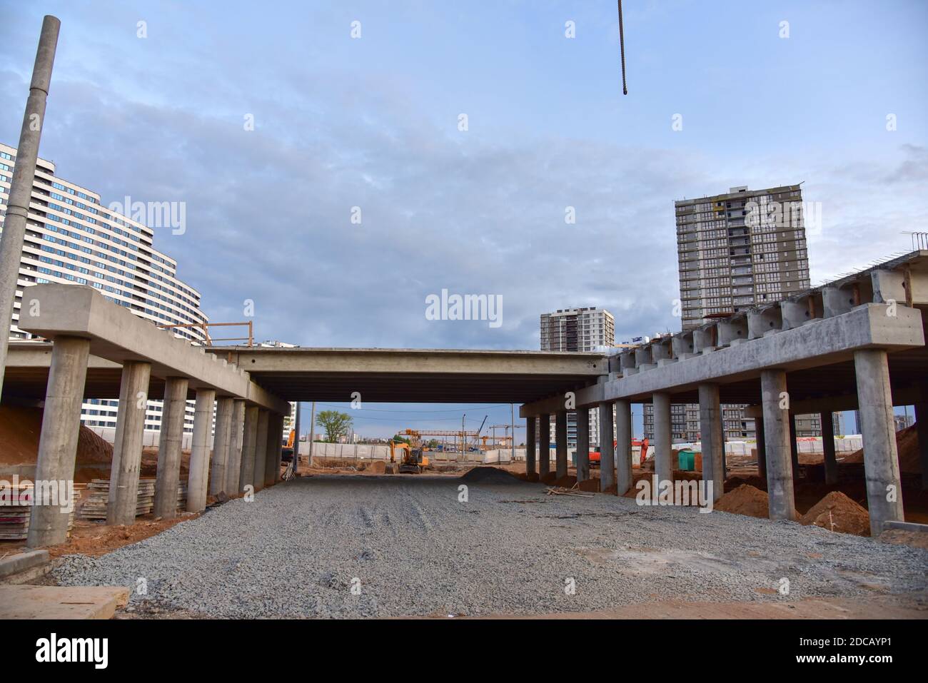 Roundabout and traffic bridge construction. Construction highway ramps ...