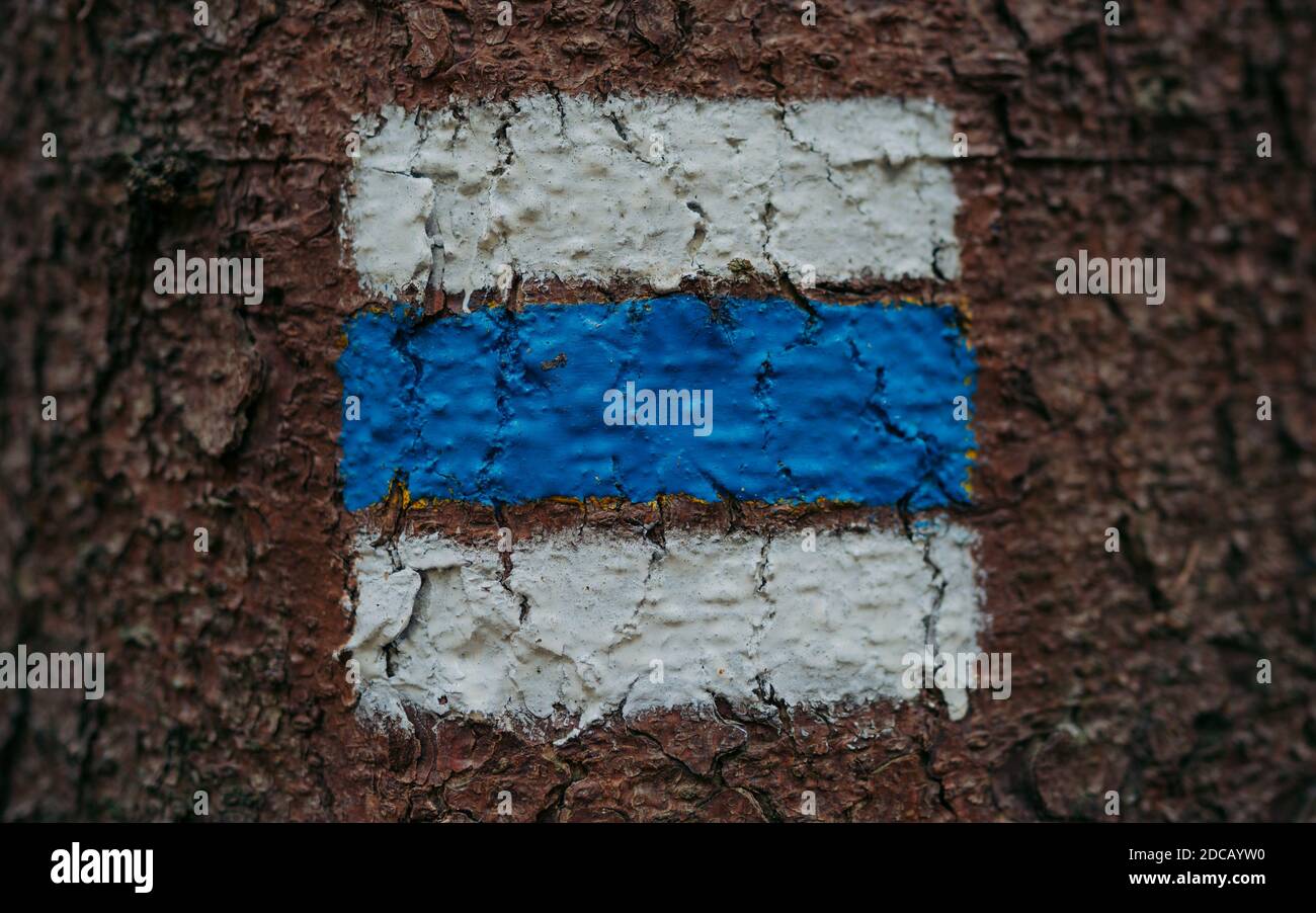 Blue hiking trail. Detail of touristic marking on hiking trails. Marks ...