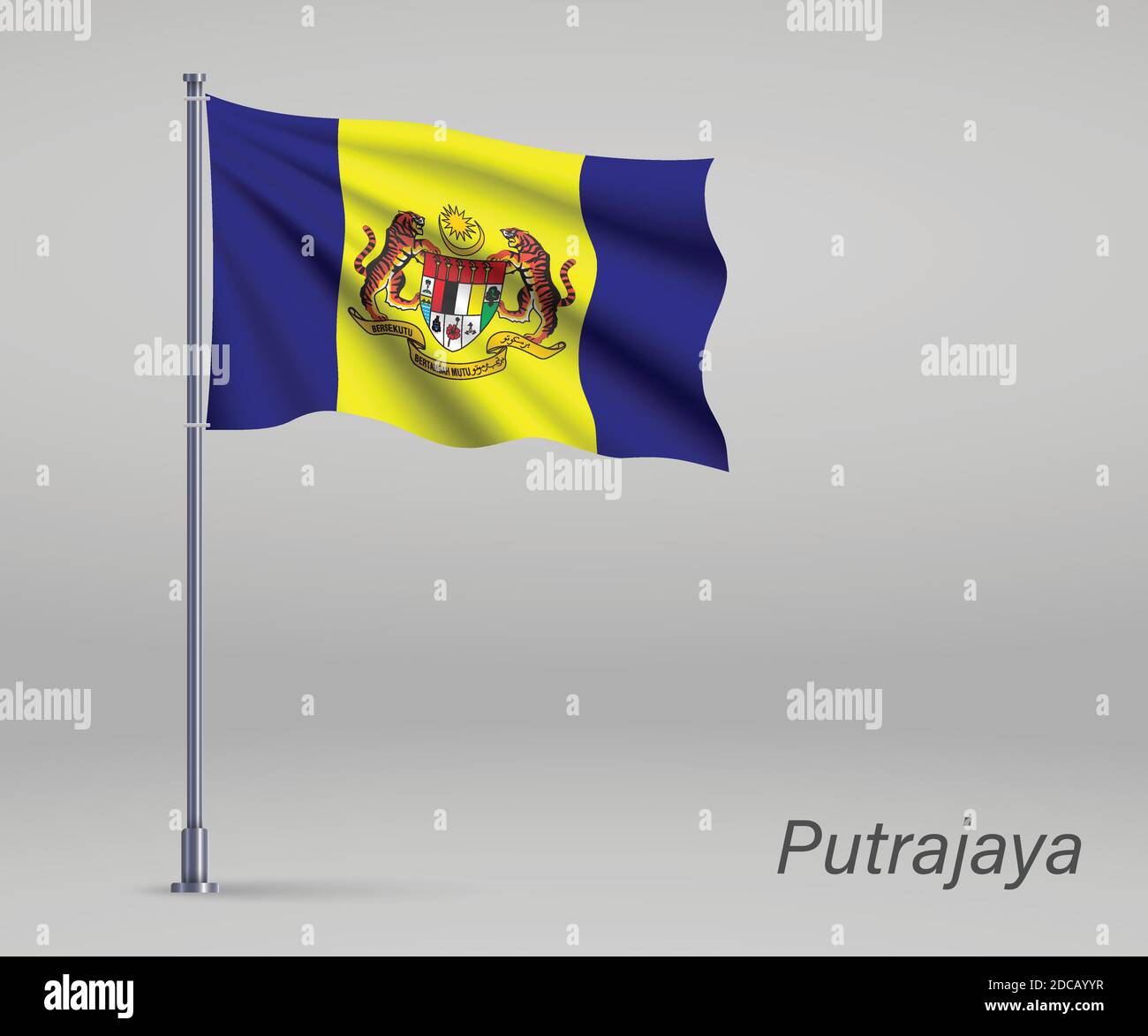 Waving flag of Putrajaya - state of Malaysia on flagpole. Template for independence day poster ...