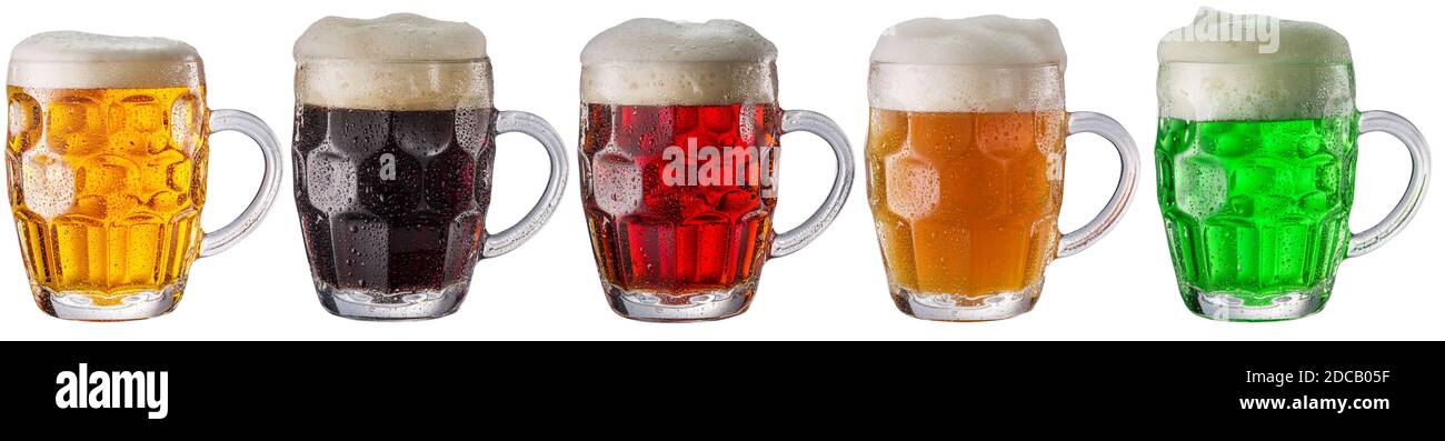 Collection of five types of different beer in glasses isolated on a ...