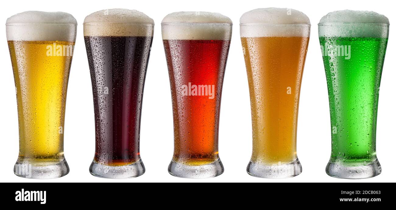 Collection of five types of different beer in glasses isolated on a ...