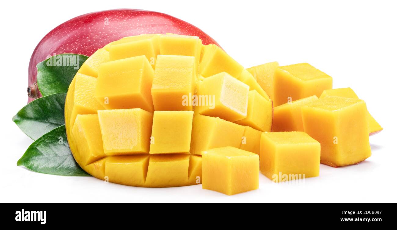 Mango fruit with mango cubes. Isolated on a white background Stock ...