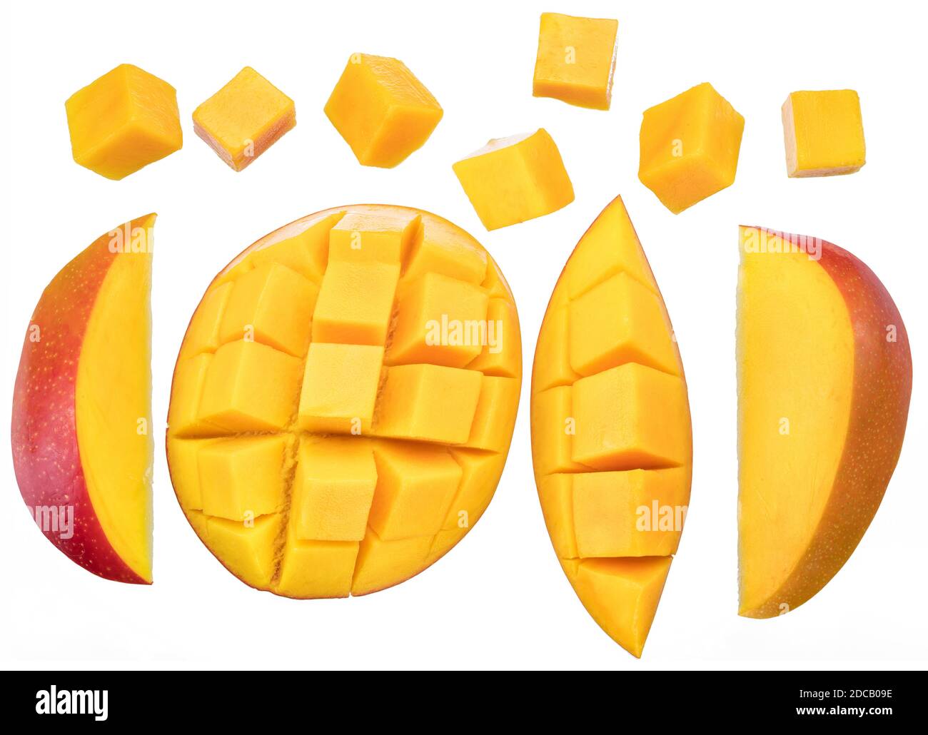 Set of mango cubes and mango slices isolated on a white background ...