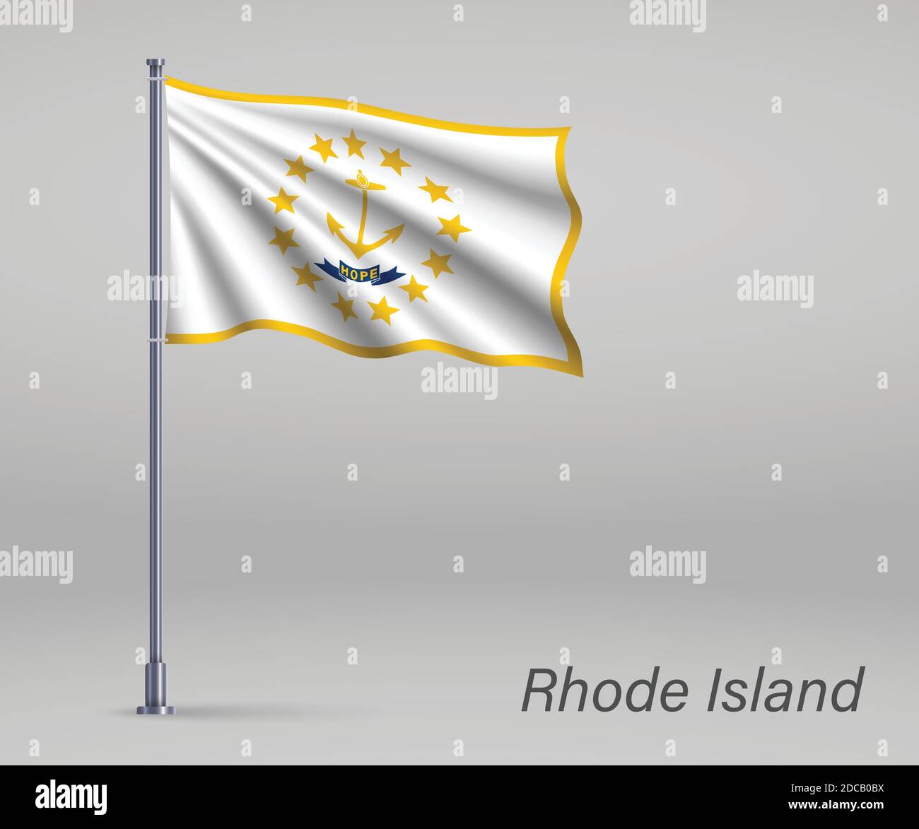 Waving flag of Rhode Island - state of United States on flagpole ...