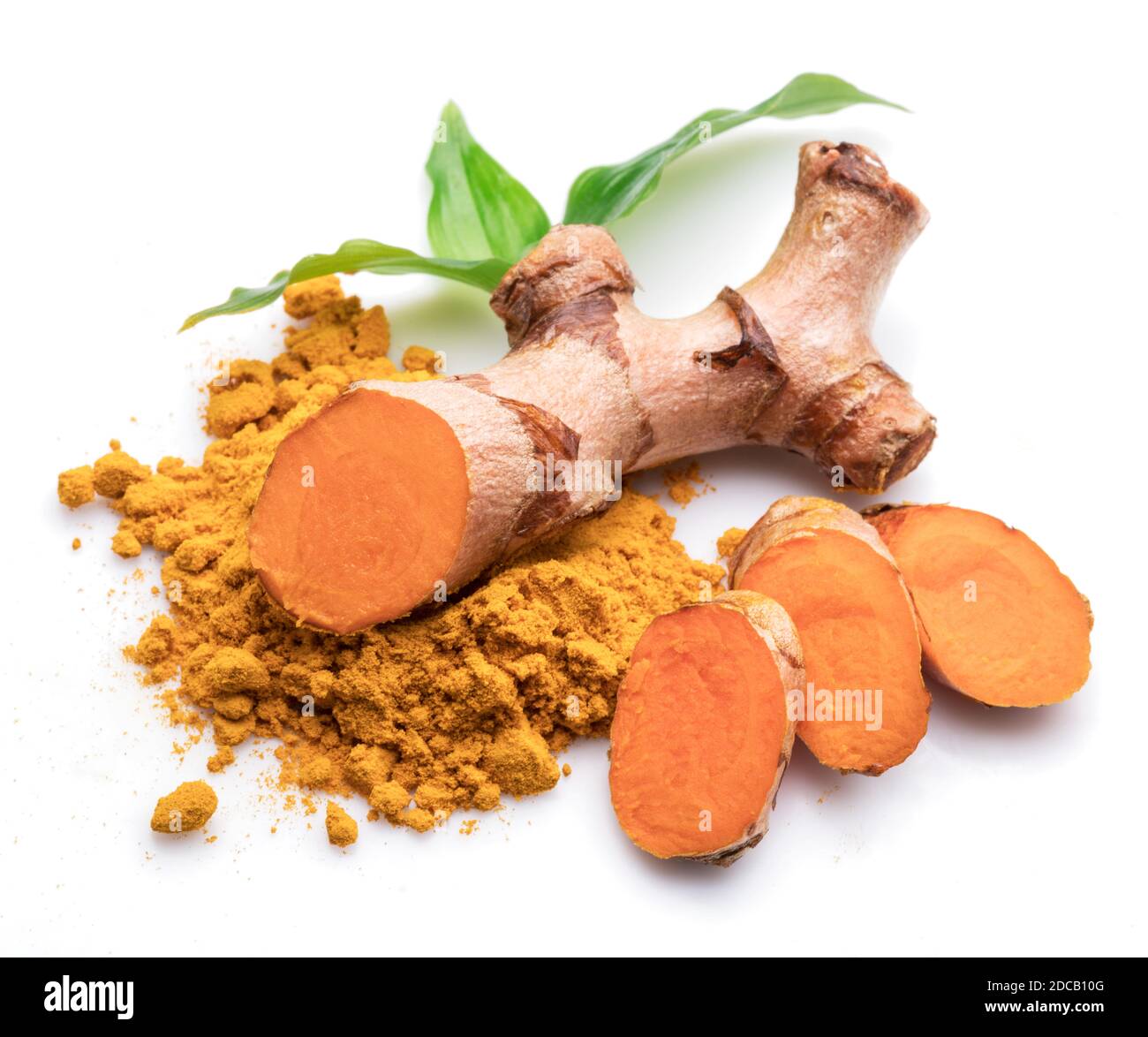 Fresh turmeric rhizome and turmeric powder isolated on white background ...