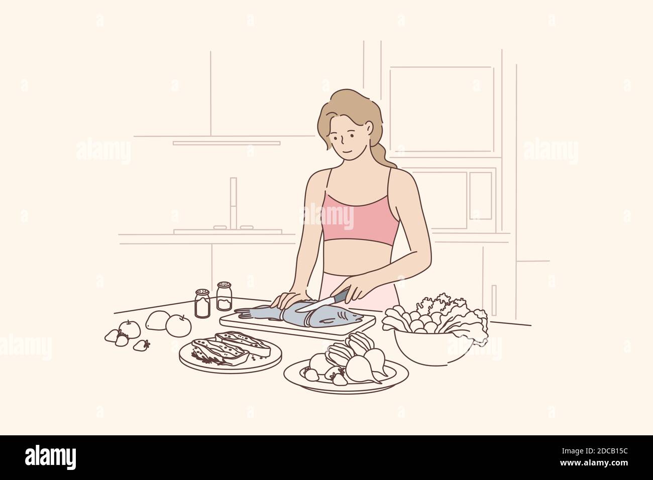 Cooking, diet, healthcare concept. Woman girl athlete cartoon character ...
