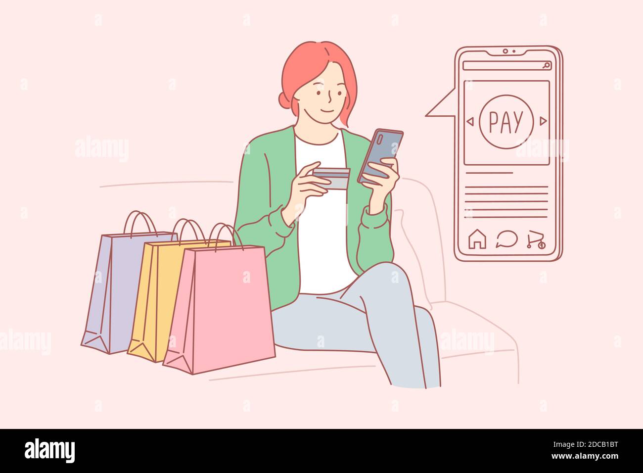 Shopping, technology, quarantine concept. Young happy woman girl ...
