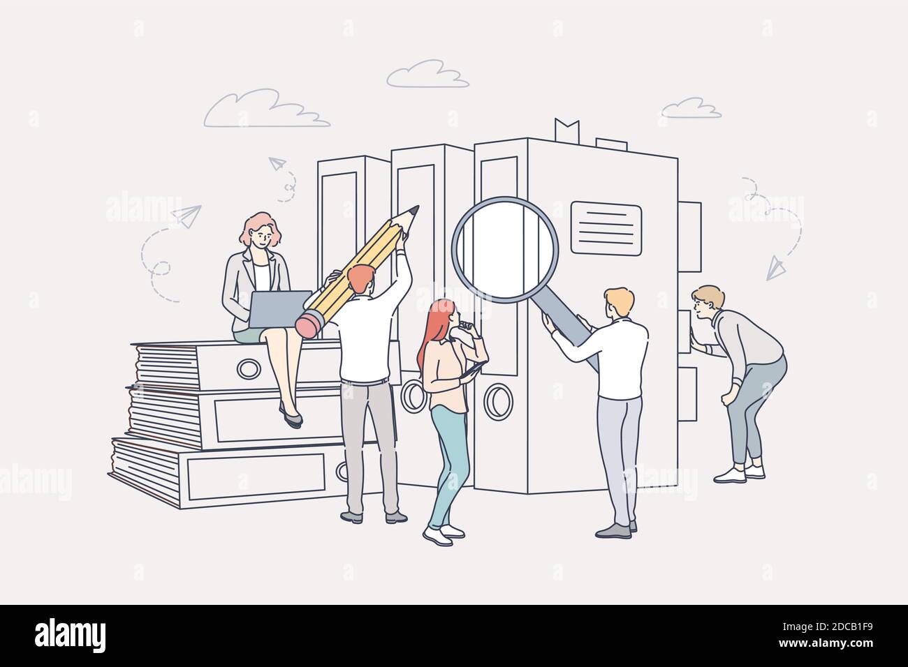 Document, business, accounting, search, teamwork concept. Team of ...
