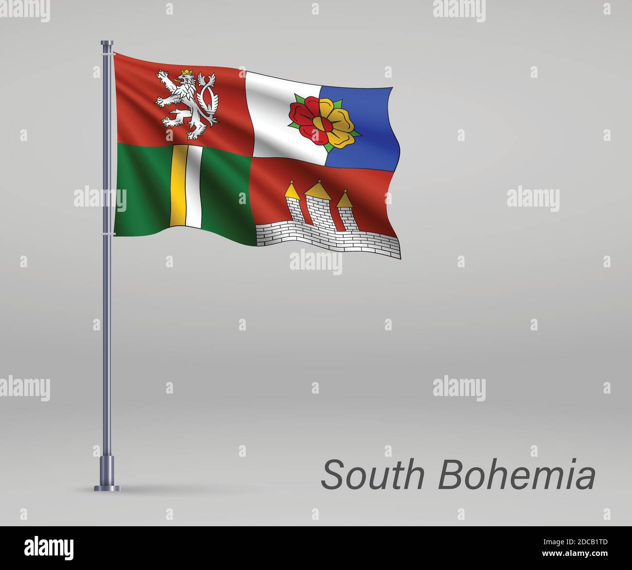 Waving flag of South Bohemia - region of Czech Republic on flagpole ...