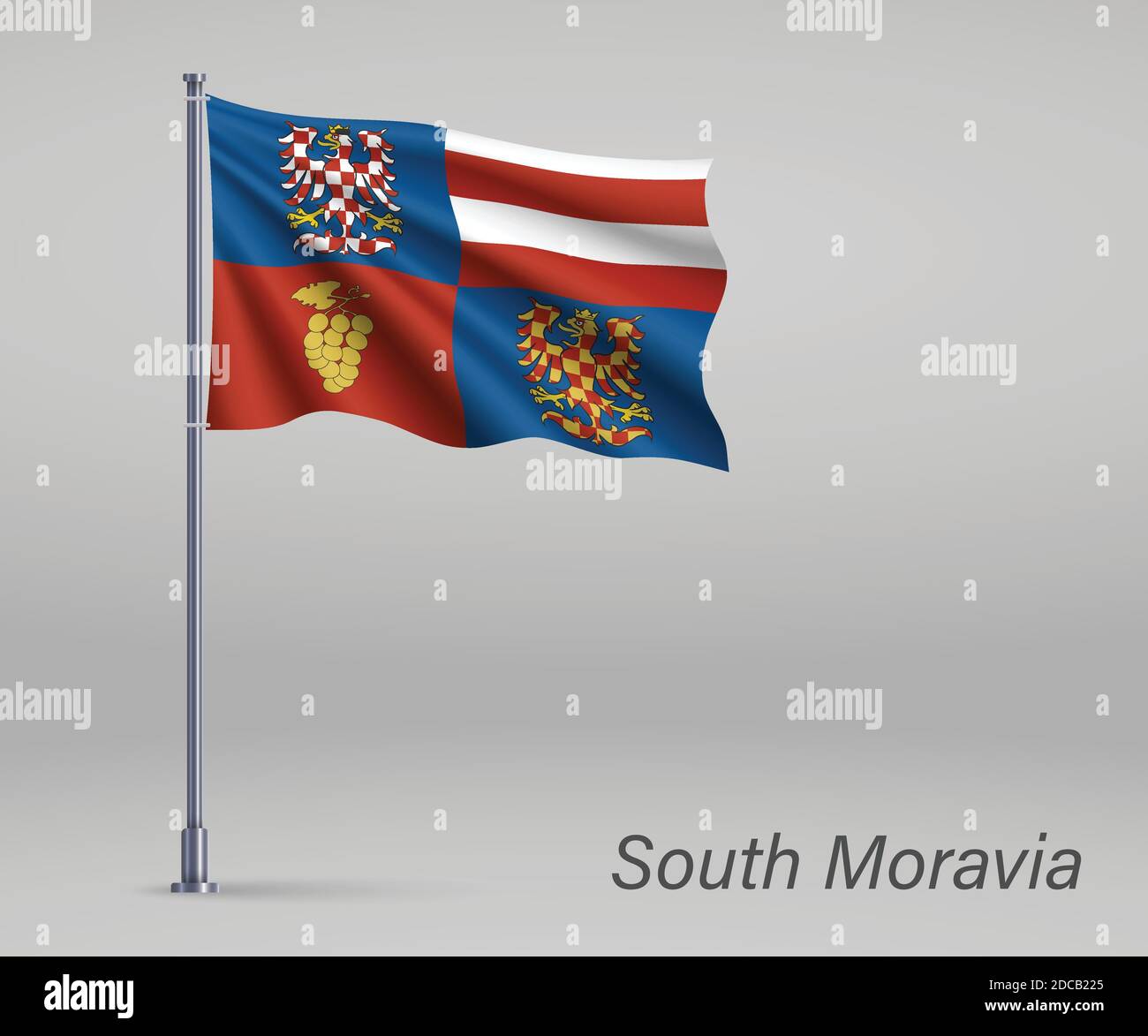 Waving flag of South Moravia - region of Czech Republic on flagpole ...
