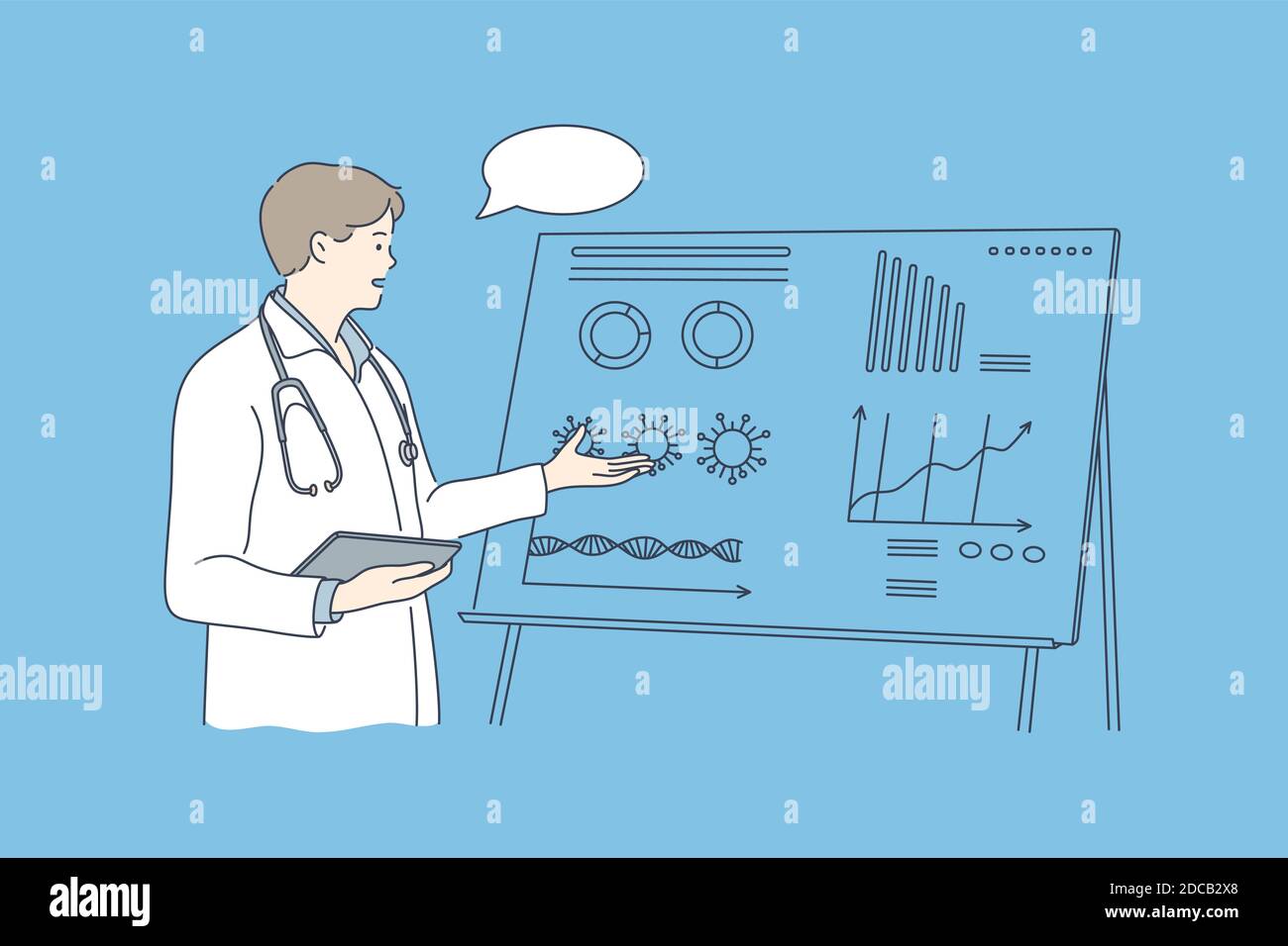 Medicine, presentation, training concept. Young happy man boy doctor ...