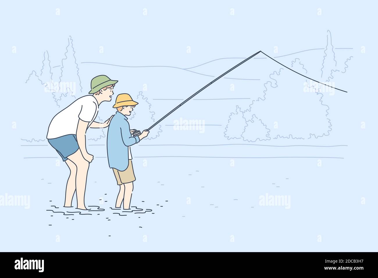 Fatherhood, fishing, childhood, training, leisure concept. Young man ...